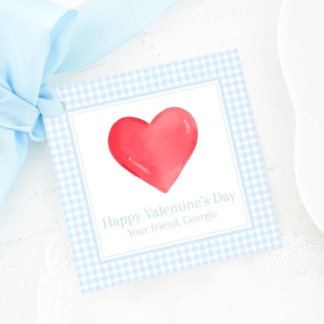 Blue Gingham and Red Heart Valentine Treat Gift Tag; 3.5x3.5 Printable ...