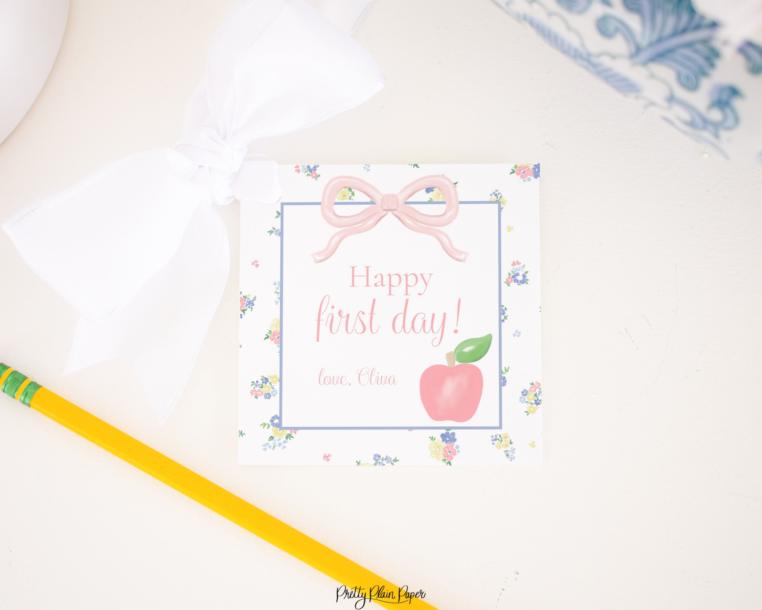 Watercolor Pink Bow & Pink Apple Back to School Tag Teacher | Etsy