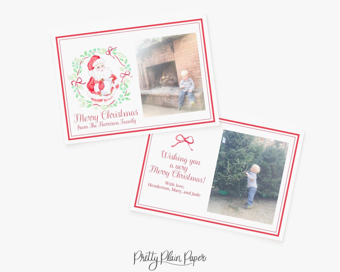Horizontal Holiday Card | 5x7 Printable | Watercolor Red Santa | Wreath ...