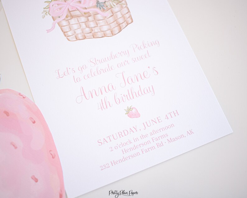 Watercolor Strawberry Picking Birthday Invitation Strawberry - Etsy