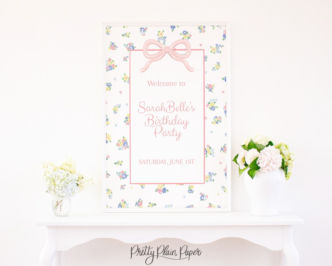 Welcome Sign | 24x36 | Printable | Watercolor Pink Bow | Floral Pattern ...