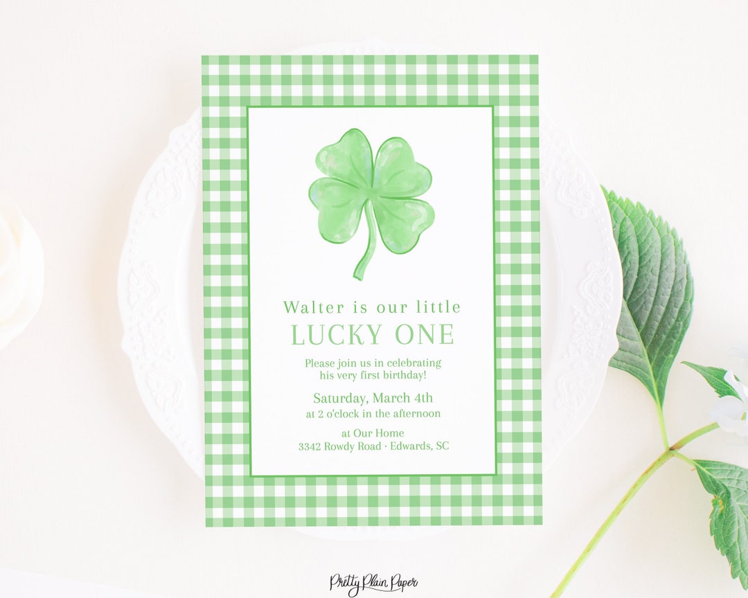 Watercolor Four Leaf Clover Birthday Invitation | Lucky ONE First ...