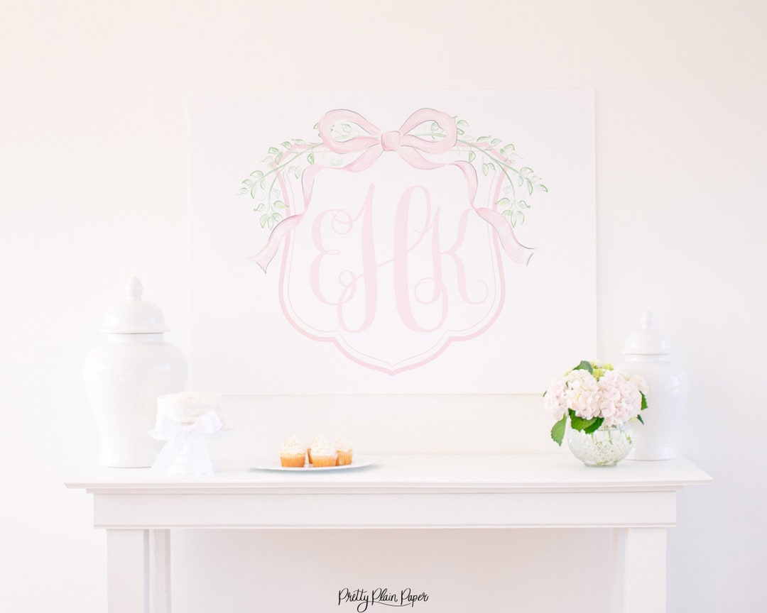 Watercolor Pink Floral Crest Backdrop | Printable | Watercolor Bow ...
