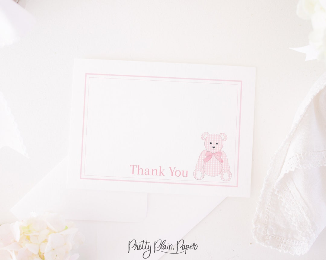 Watercolor Pink Gingham Teddy Bear Flat Thank You Note | 5x7 | Preppy ...
