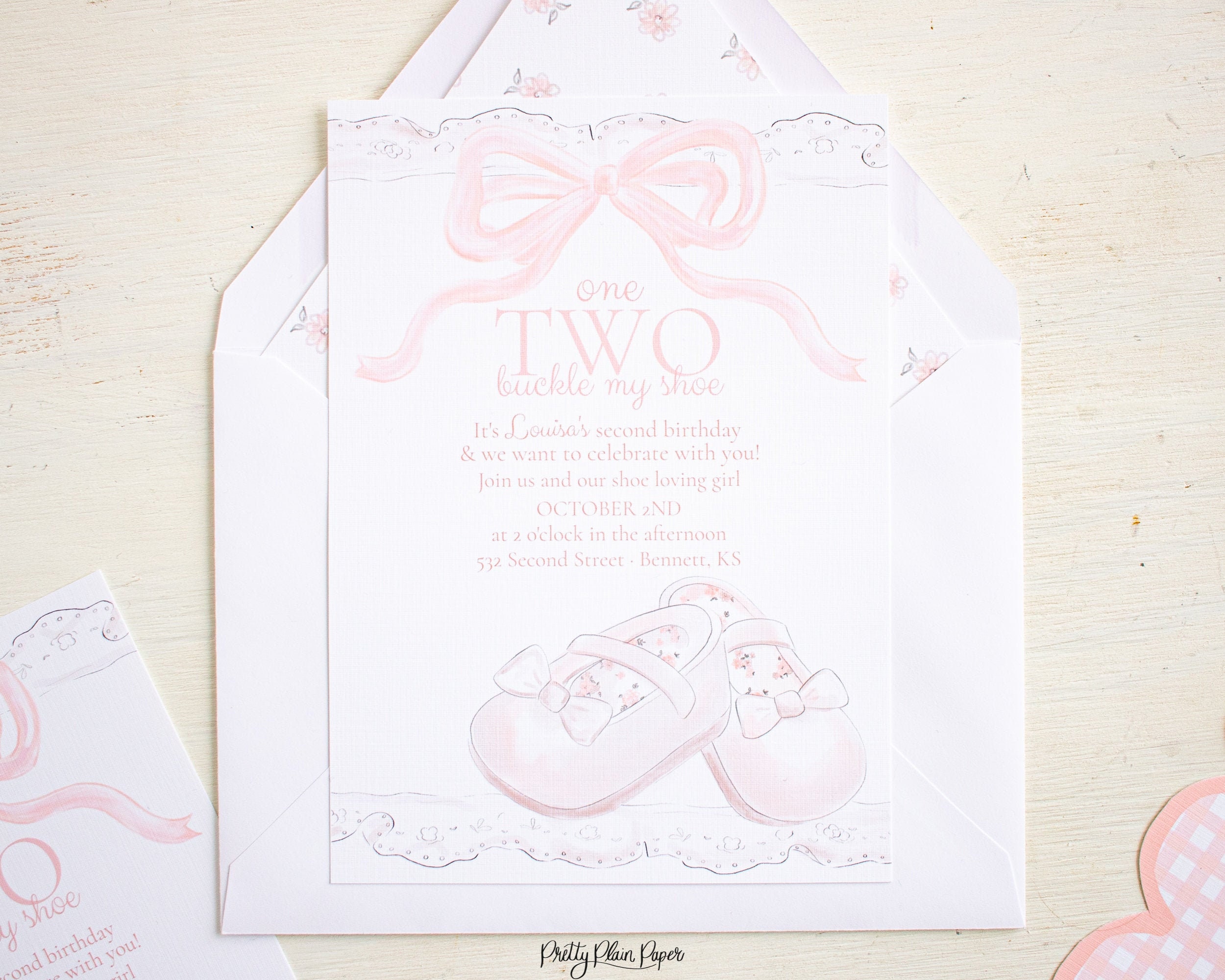 One TWO Buckle My Shoe Invitation with Pink Bow and Lace | Etsy