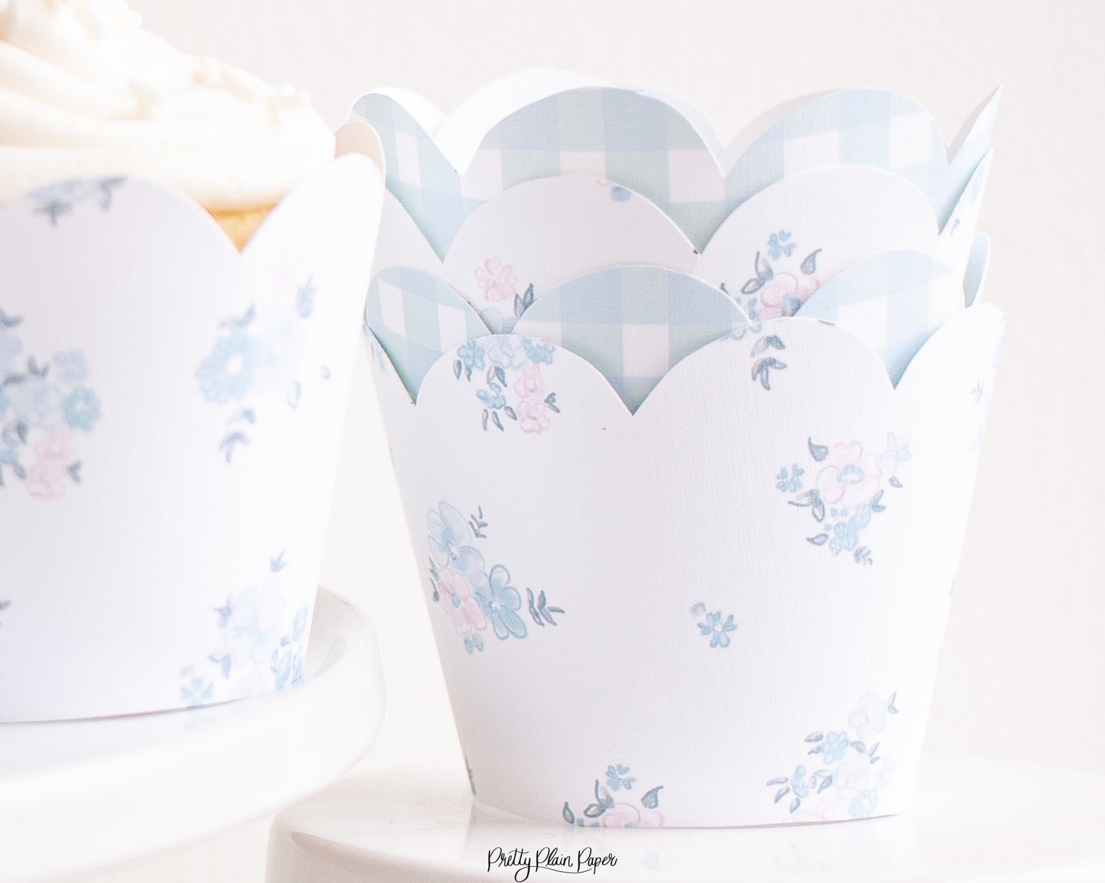 Blue Floral & Gingham Cupcake Wrappers - Watercolor Printable Cupcake ...