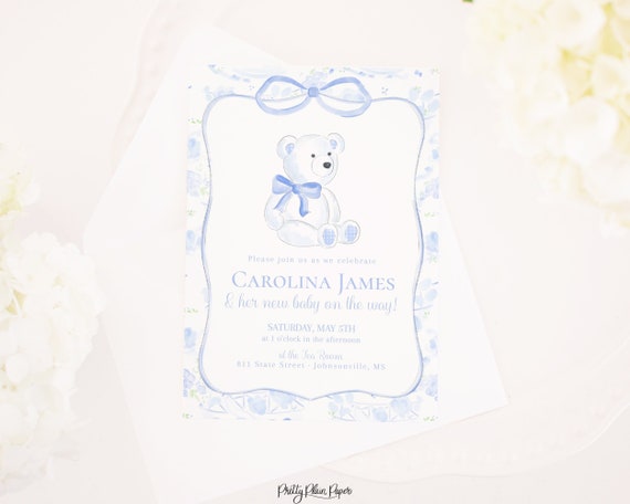 Watercolor Blue and White Teddy Bear Invitation Teddy Bear | Etsy