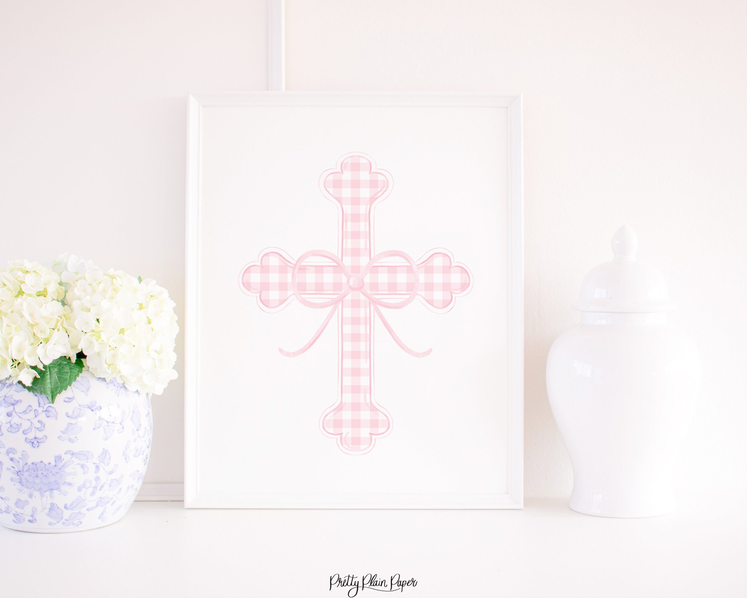 Watercolor Pink Gingham Cross With Pink Bow 8x10 or 16x20 | Etsy