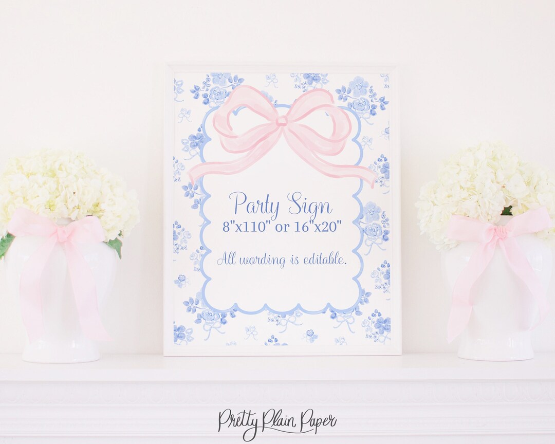 Party Sign | 8x10 or 16x20 Printable | Watercolor Pink Bow Blue Floral ...