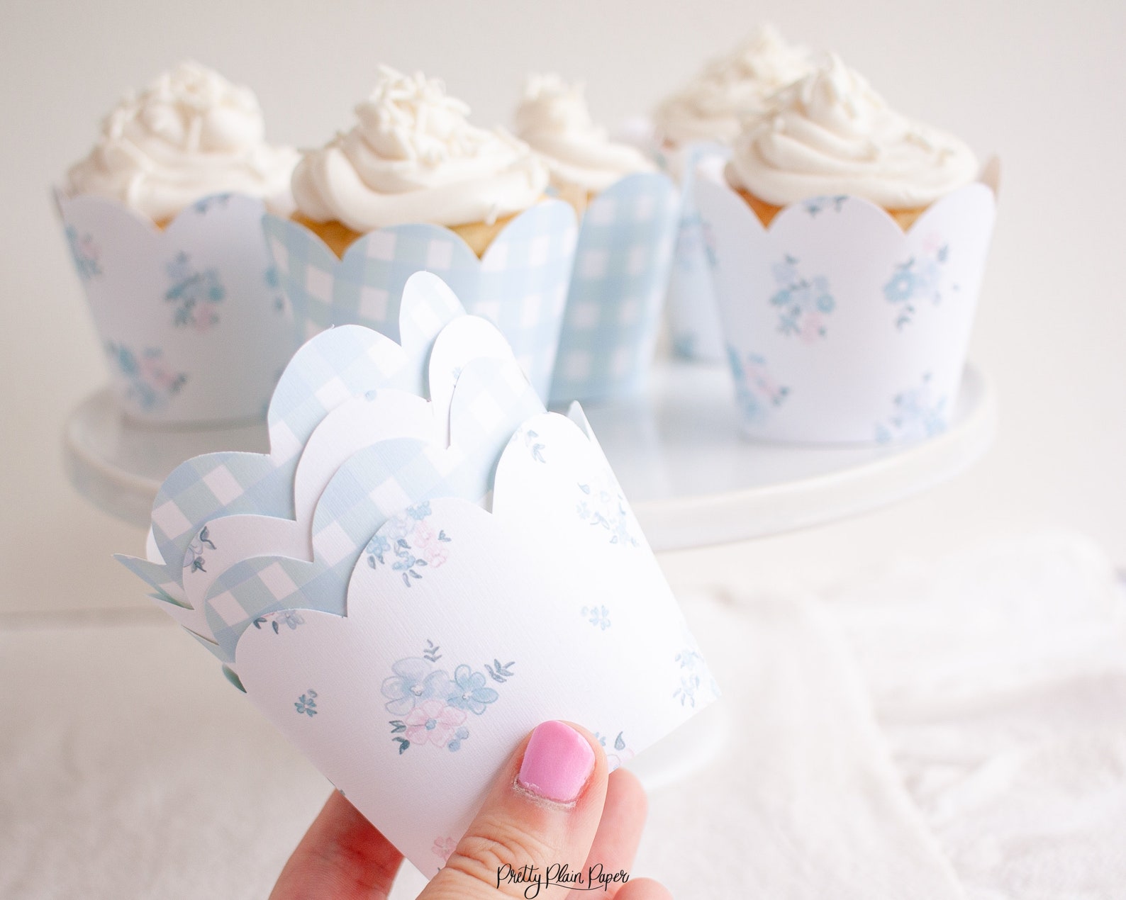 Blue Floral & Gingham Cupcake Wrappers - Watercolor Printable Cupcake ...