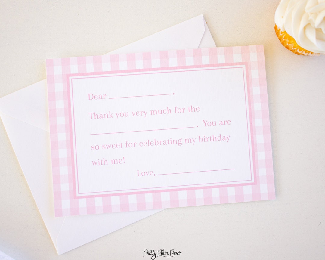 Pink Gingham Fill-in the Blank Thank You Card for Kids | Printable PDF ...