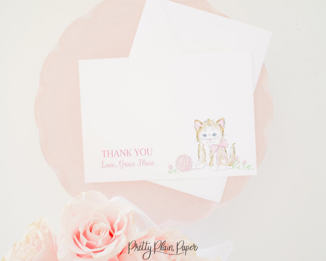 Watercolor Kitten Theme Thank You Note | Flat 5x7 Printable | Pretty ...