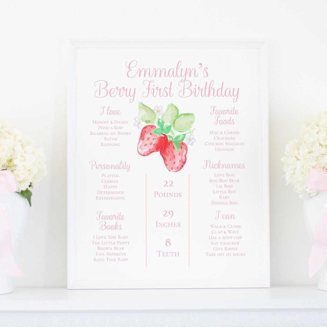 My First Birthday Sign | 16x20 | Pink & Red Strawberry Monogram Crest ...