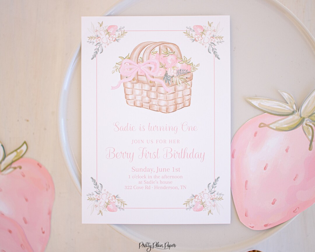 Watercolor Floral Strawberry First Birthday Invitation, Strawberry ...