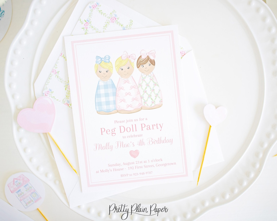 Watercolor Peg Doll Invitation | 5 X 7 Printable Download | Wooden Peg ...