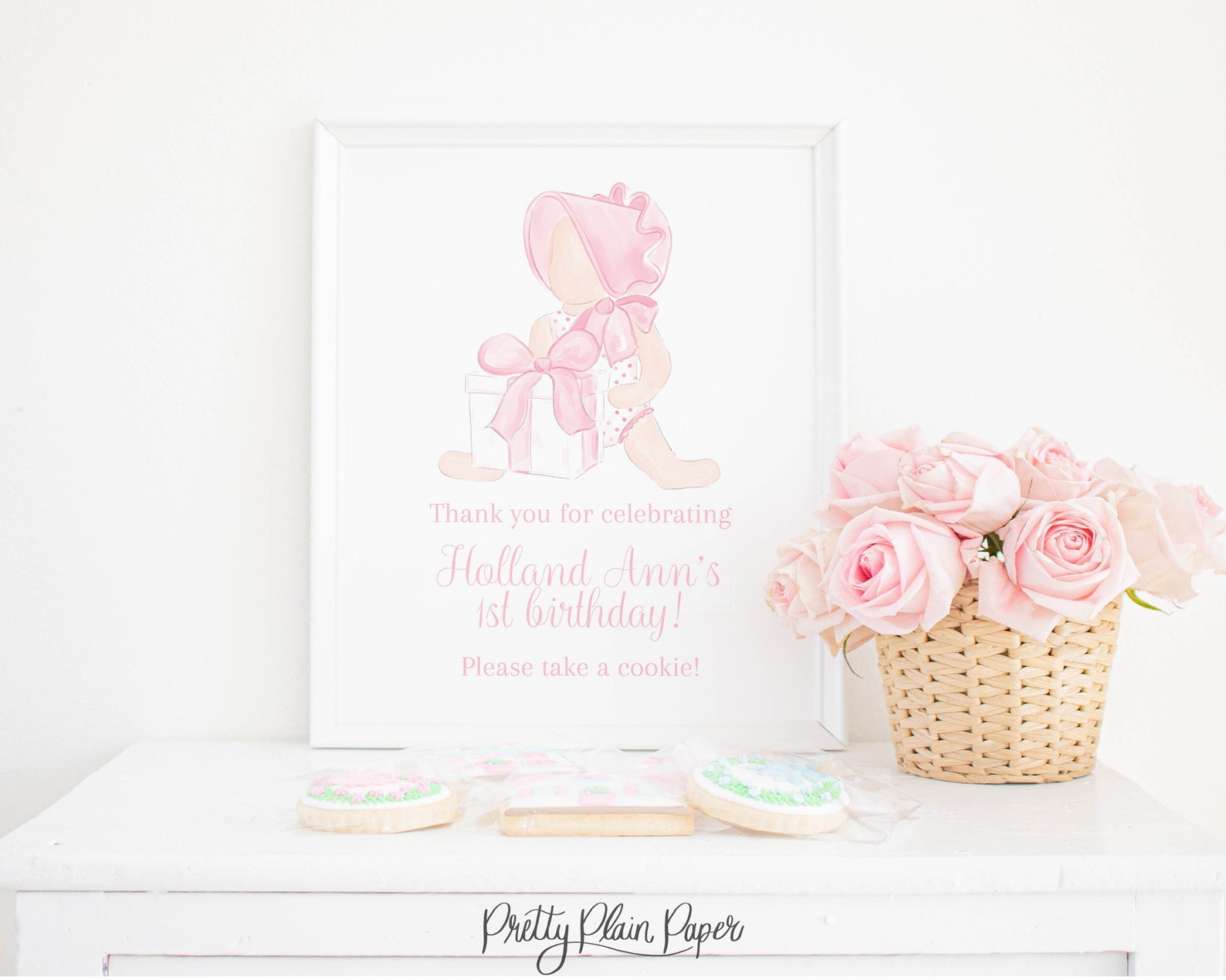 Watercolor Little Girl in Pink Bonnet Party Sign 8x10 or 16x20 Pink ...