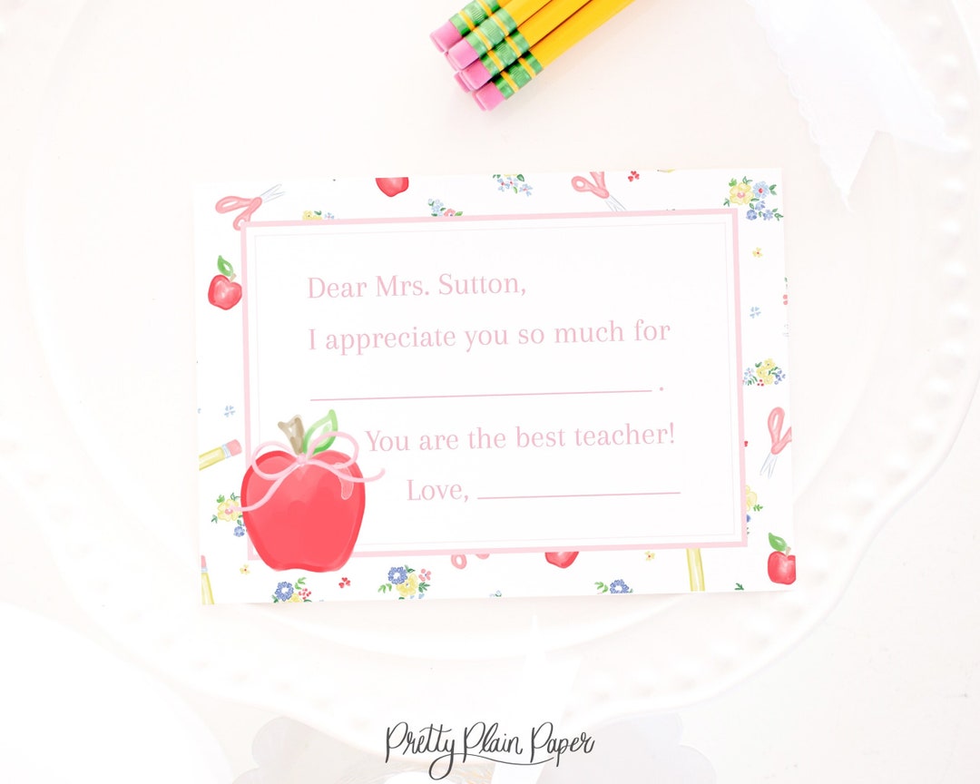 Floral Apple Fill-in Teacher Appreciation Note | 5x7 Printable ...