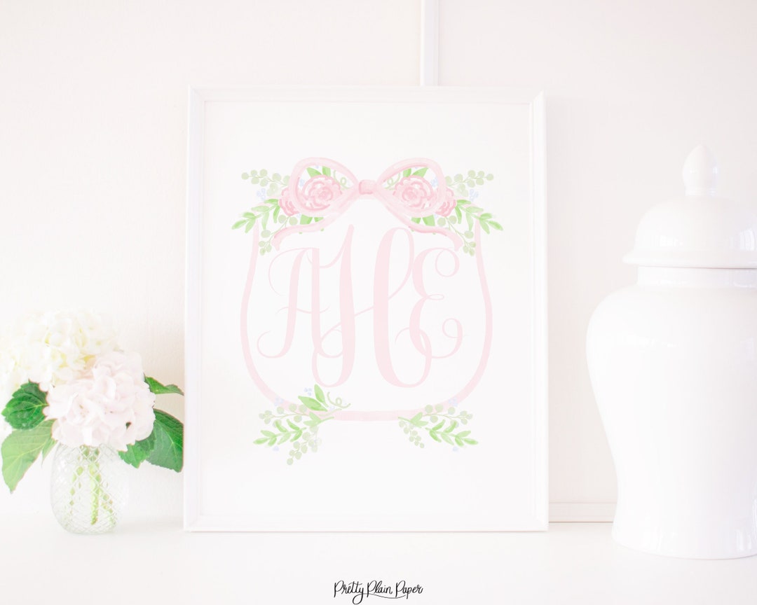 Watercolor Pink Floral Monogram Crest Artwork Printable With Bow ...