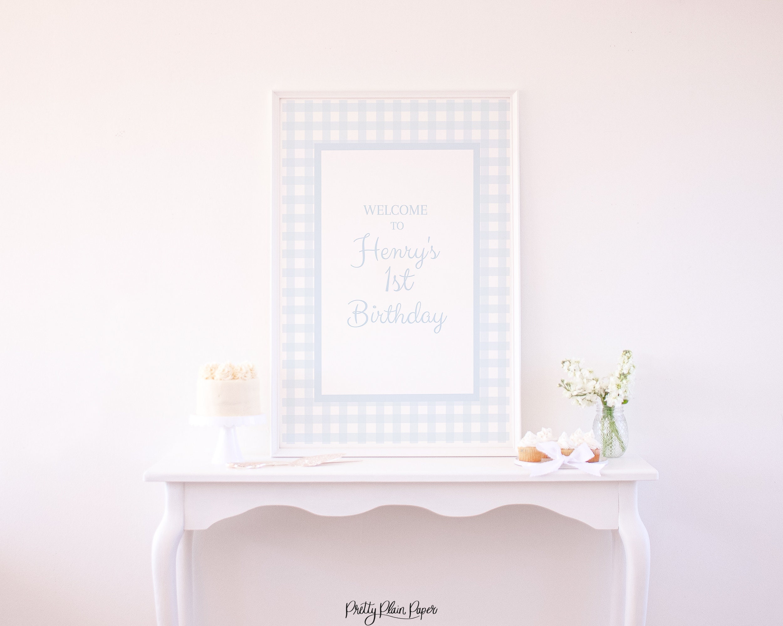 Watercolor Soft Blue Gingham Birthday Welcome Sign - Etsy