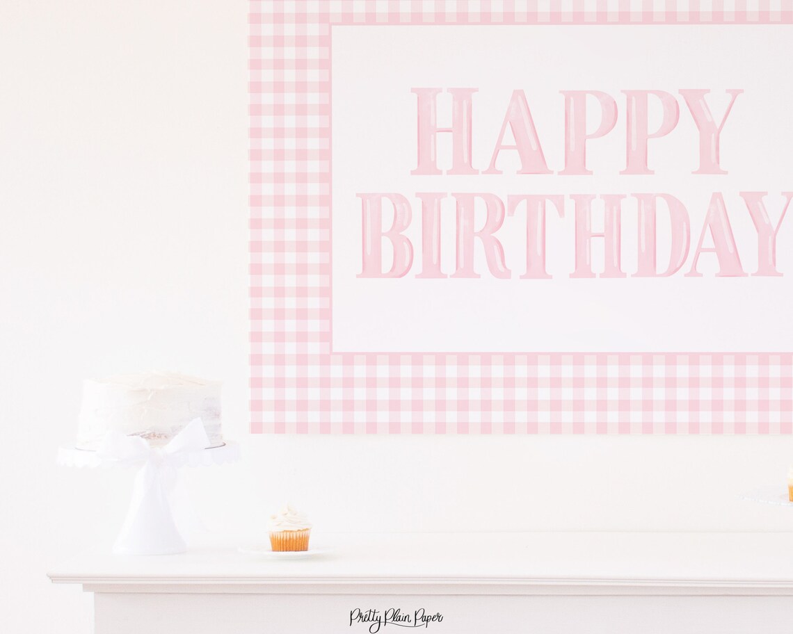 Watercolor Pink Gingham Happy Birthday Backdrop Birthday | Etsy
