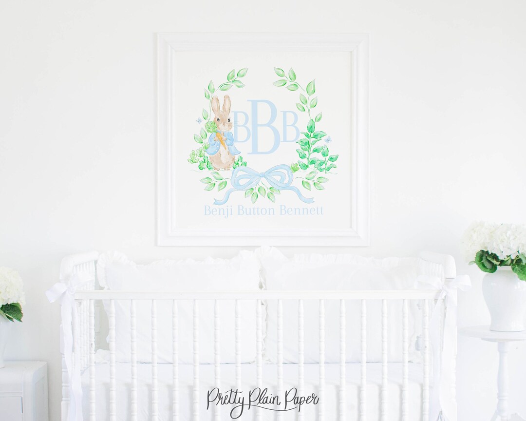 Monogram Baby Name Print | 30x30 Printable | Watercolor Rabbit Crest ...