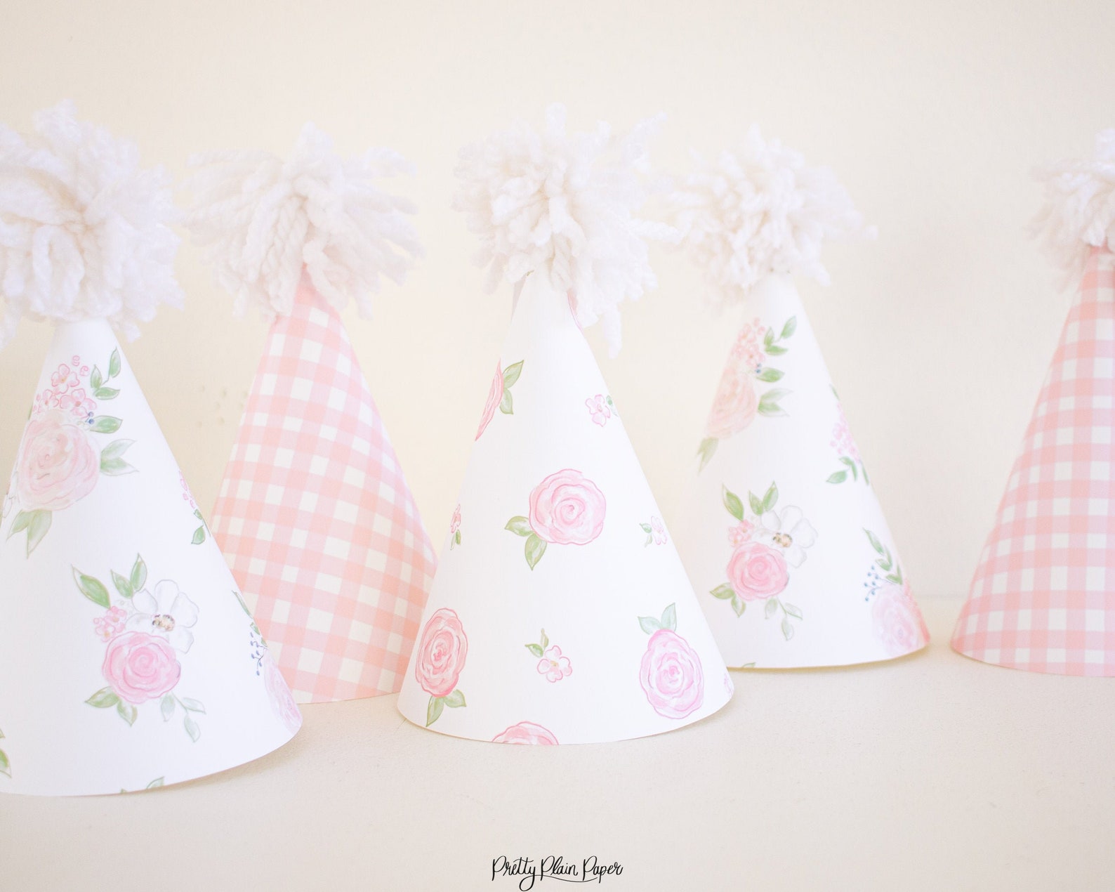 Watercolor Floral Party Hats & Pink Gingham Party Hats Printable ...
