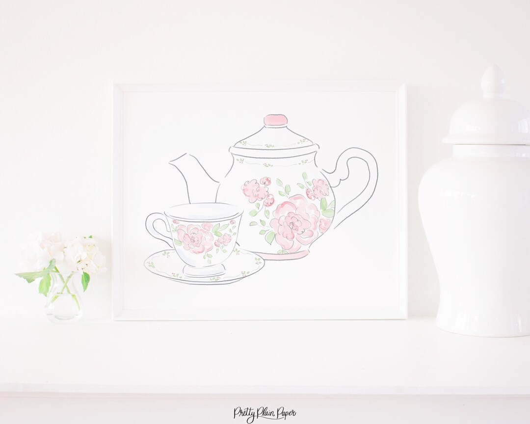 Watercolor Pink Tea Pot & Tea Cup Print | 8x10 or 16x20 | Pink White ...