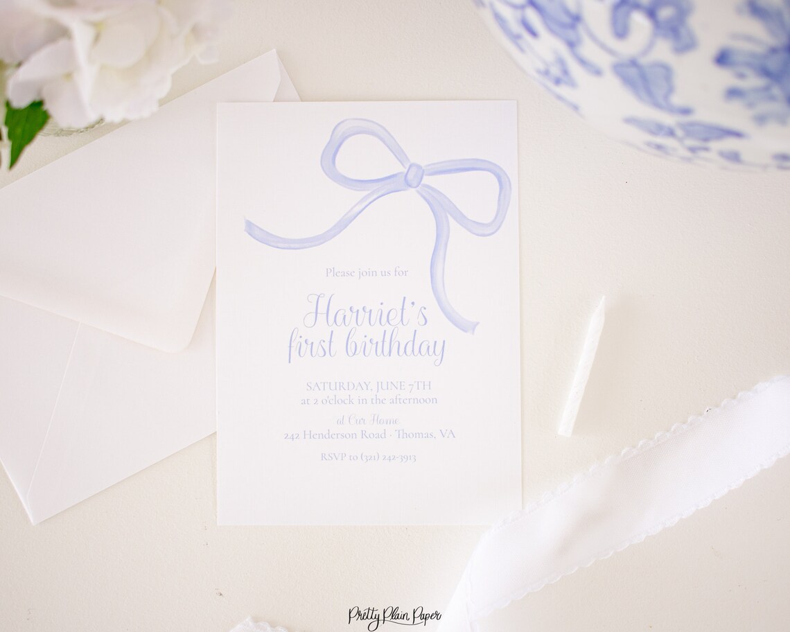 Watercolor Blue Bow Birthday Invitation Watercolor Blue Bow - Etsy