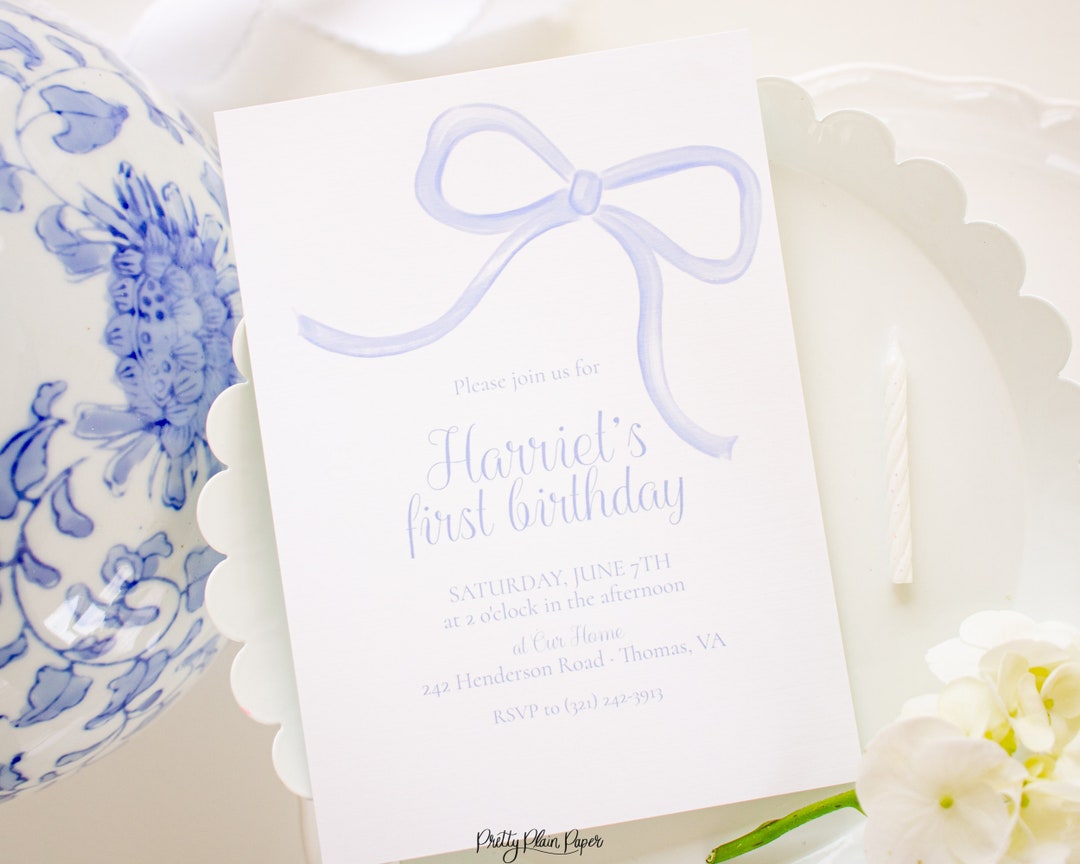 Watercolor Blue Bow Birthday Invitation | Watercolor Blue Bow ...