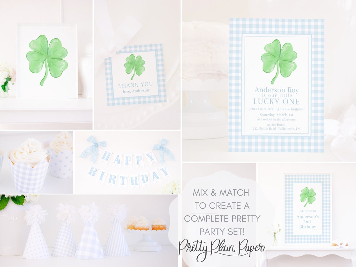 Watercolor Four Leaf Clover Birthday Invitation | Lucky ONE First ...