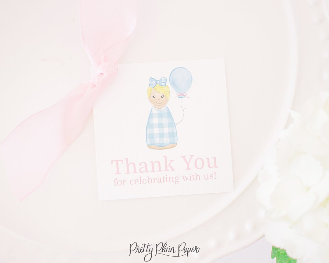 Watercolor Blue Gingham Wood Peg Doll Favor Tag | 3.5x3.5 Printable ...