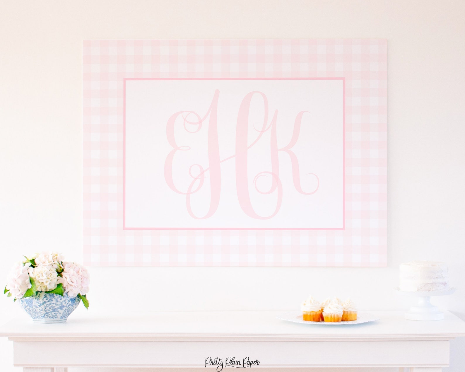 Monogram & Pink Gingham Birthday Backdrop Poster Printable - Etsy