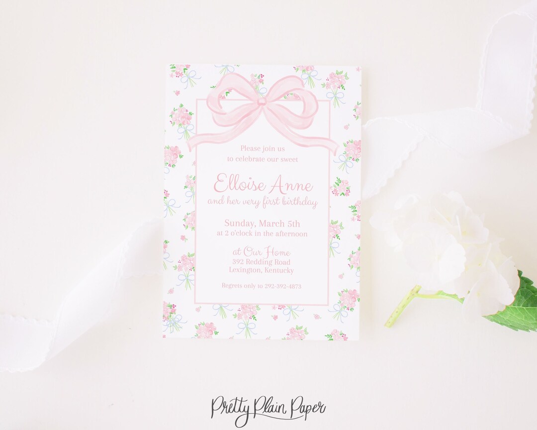 Watercolor Floral Bouquet and Bows Invitation | 5x7 Printable | Pink ...