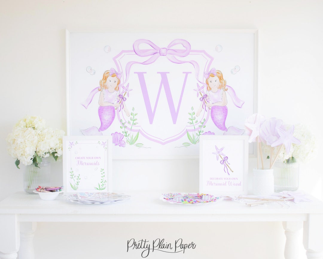 Watercolor Mermaid Crest Backdrop With Bow and Monogram | 24x36 ...