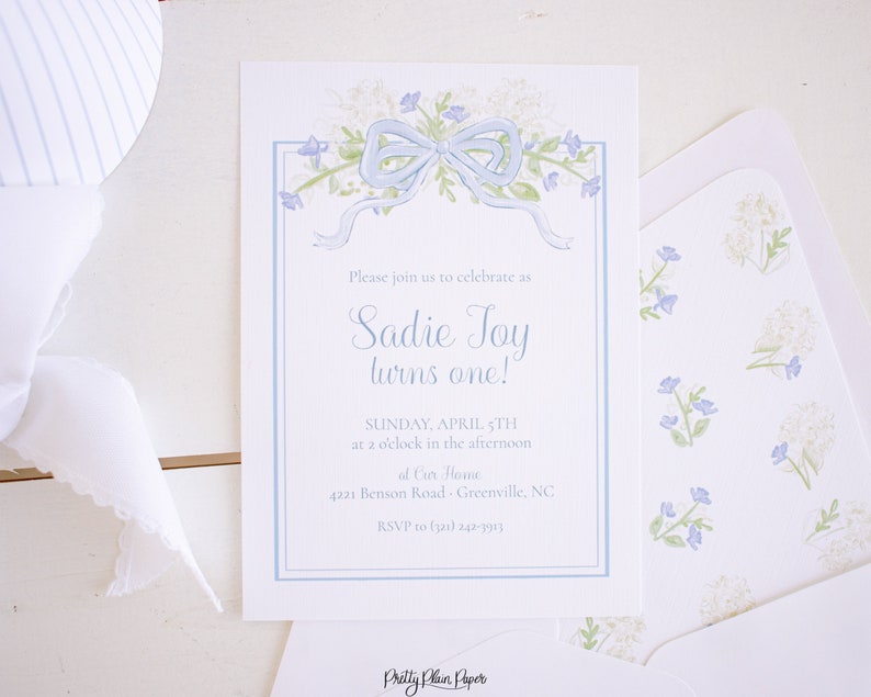 Watercolor Blue Floral & Bow Birthday Invitation Blue Floral - Etsy