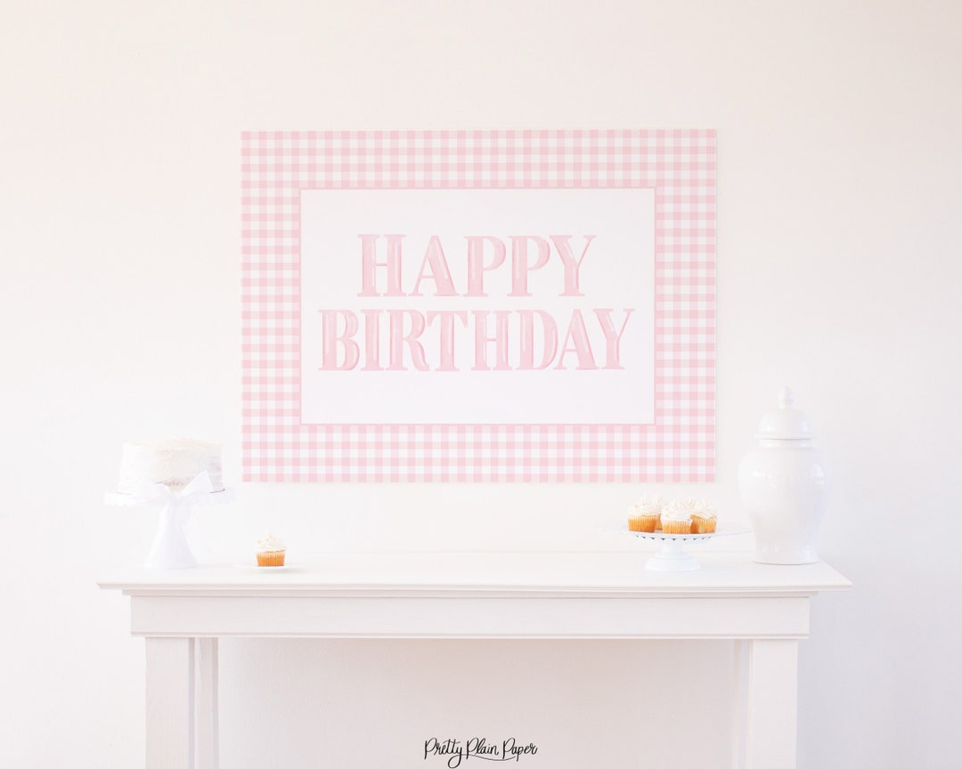 Watercolor Pink Gingham Happy Birthday Backdrop Sign | 5002 5003 5004 ...