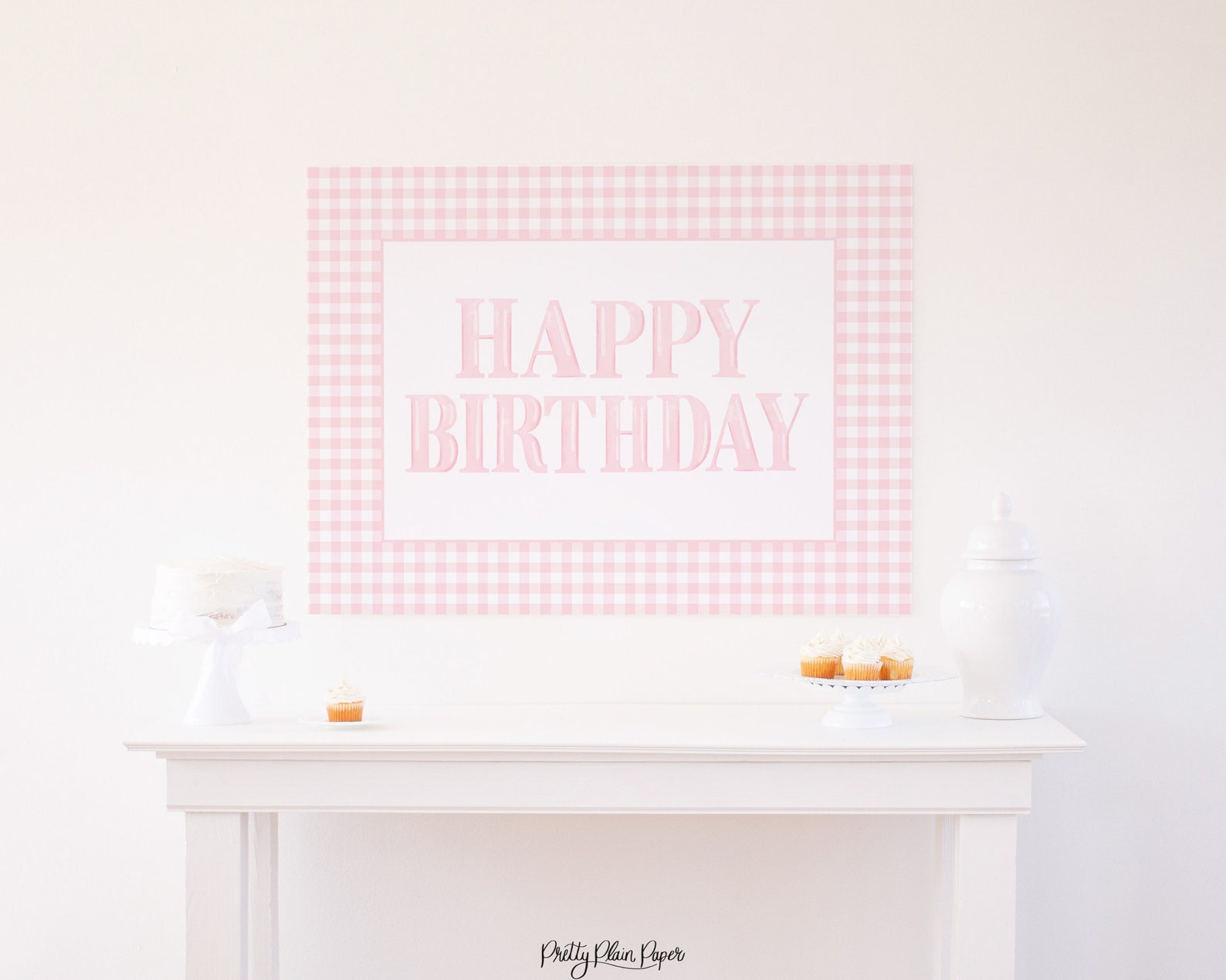 Watercolor Pink Gingham Happy Birthday Backdrop Sign | 5002 5003 5004 ...
