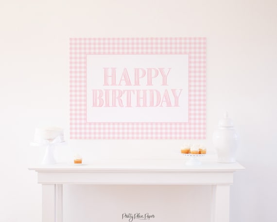 Watercolor Pink Gingham Happy Birthday Backdrop Birthday | Etsy