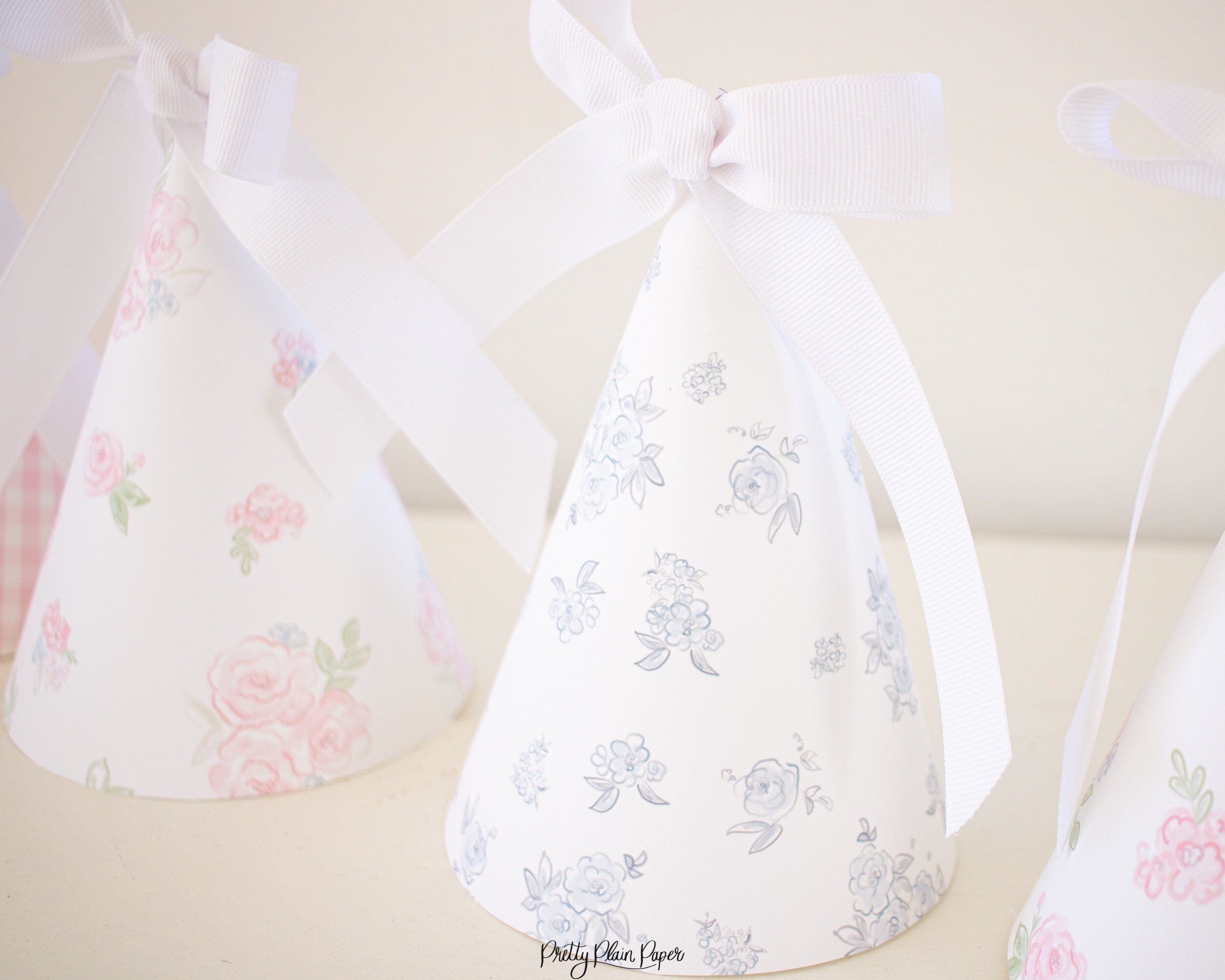 Pink Gingham Party Hat Printable Pink Floral Party Hat | Etsy