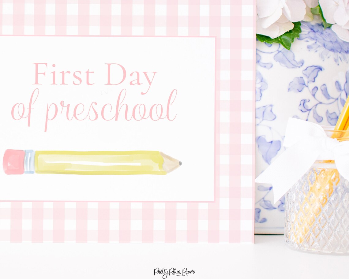 Pink Gingham First Day of School Sign Watercolor First Day | Etsy