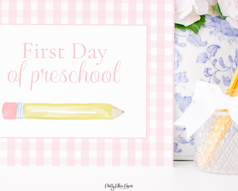 Pink Gingham First Day of School Sign Watercolor First Day | Etsy