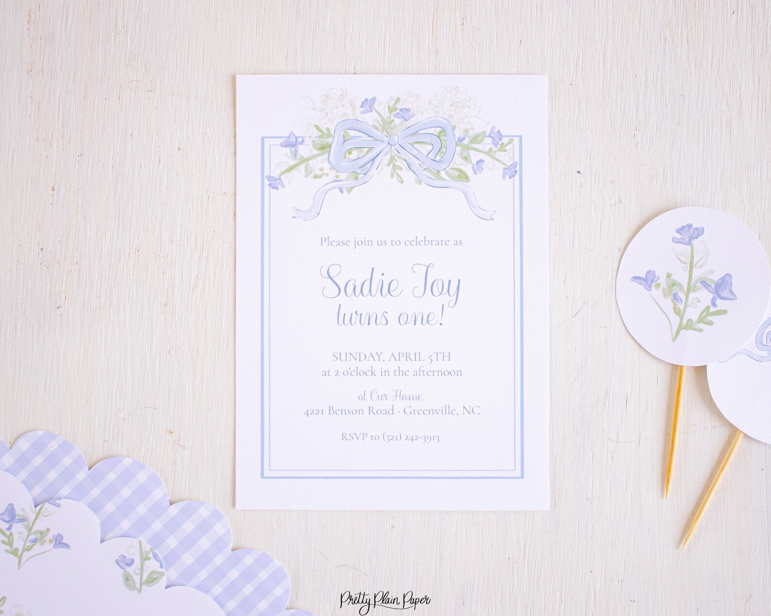 Watercolor Blue Floral & Bow Birthday Invitation Blue Floral - Etsy