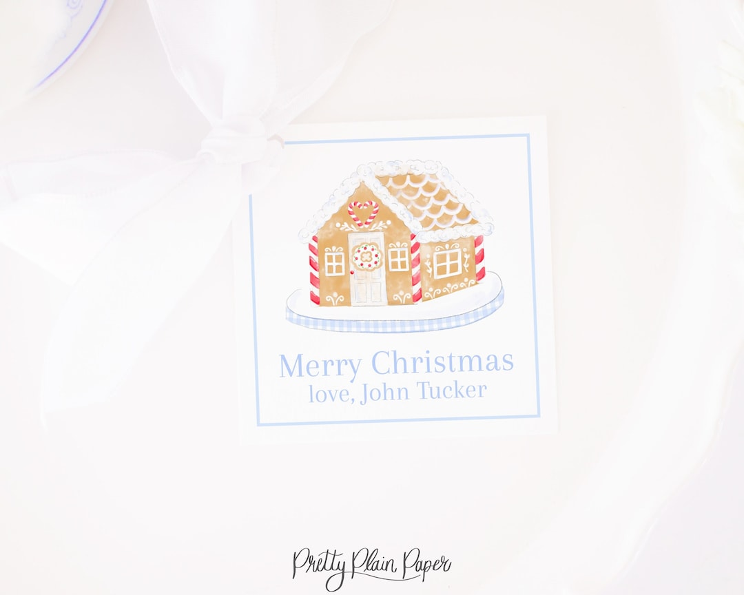 Blue Gingerbread House Watercolor Christmas Gift Tag | 3.5x3.5 ...