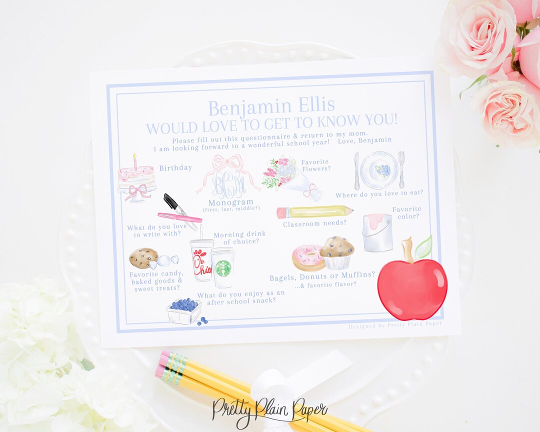 Blue Teacher Favorite Things | Watercolor Get to Know the Teacher ...