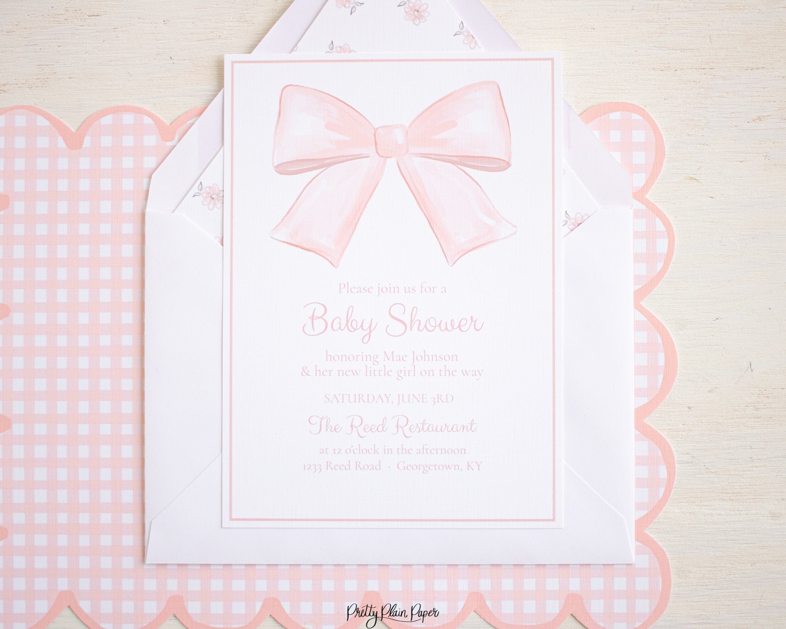 Pink Bow Baby Shower Invitation 1017 Watercolor Pink Bow | Etsy