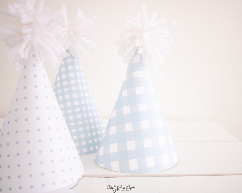 Blue Gingham Party Hats & Blue Polka Dots Printable Template - Etsy