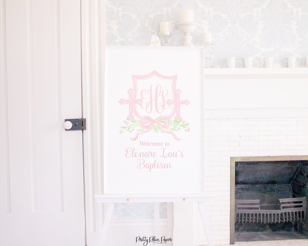 Watercolor Baptism Sign With Cross Crest and Monogram | 24x36 | Text ...