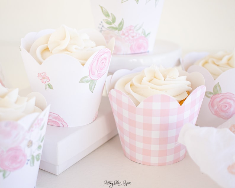 Pink Floral Pink Roses & Gingham Cupcake Wrappers | Etsy