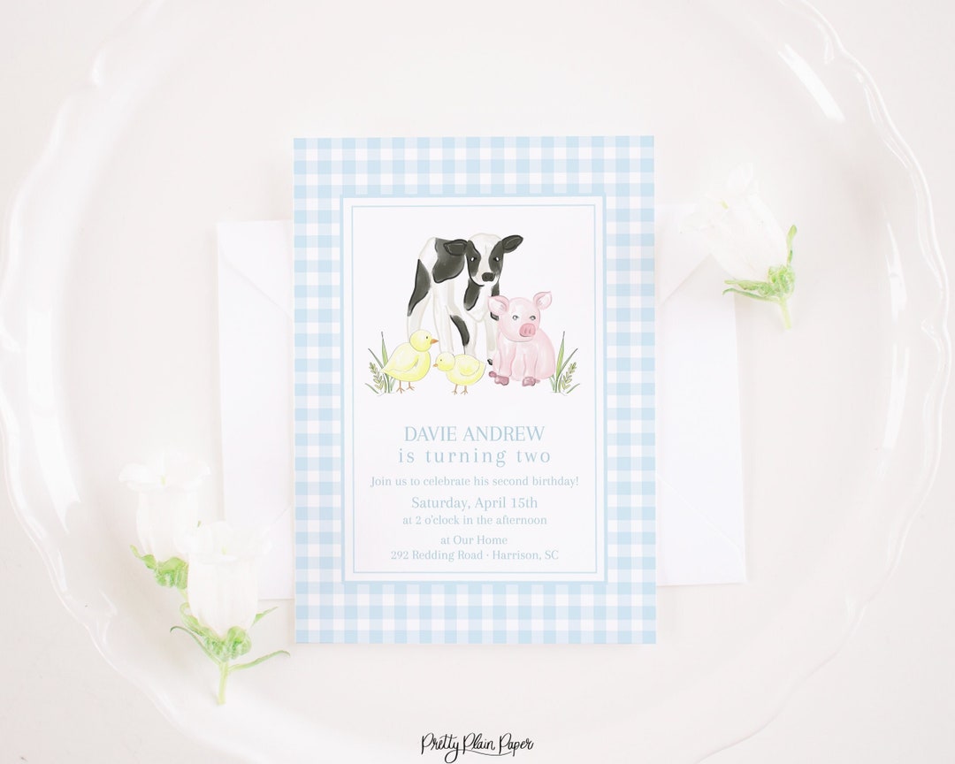 Watercolor Farm Animals Invitation With Blue Gingham | Editable Text ...