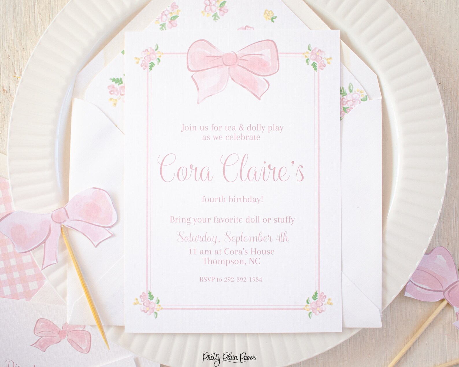 Pink Bow & Floral Birthday Invitation Watercolor Printable - Etsy
